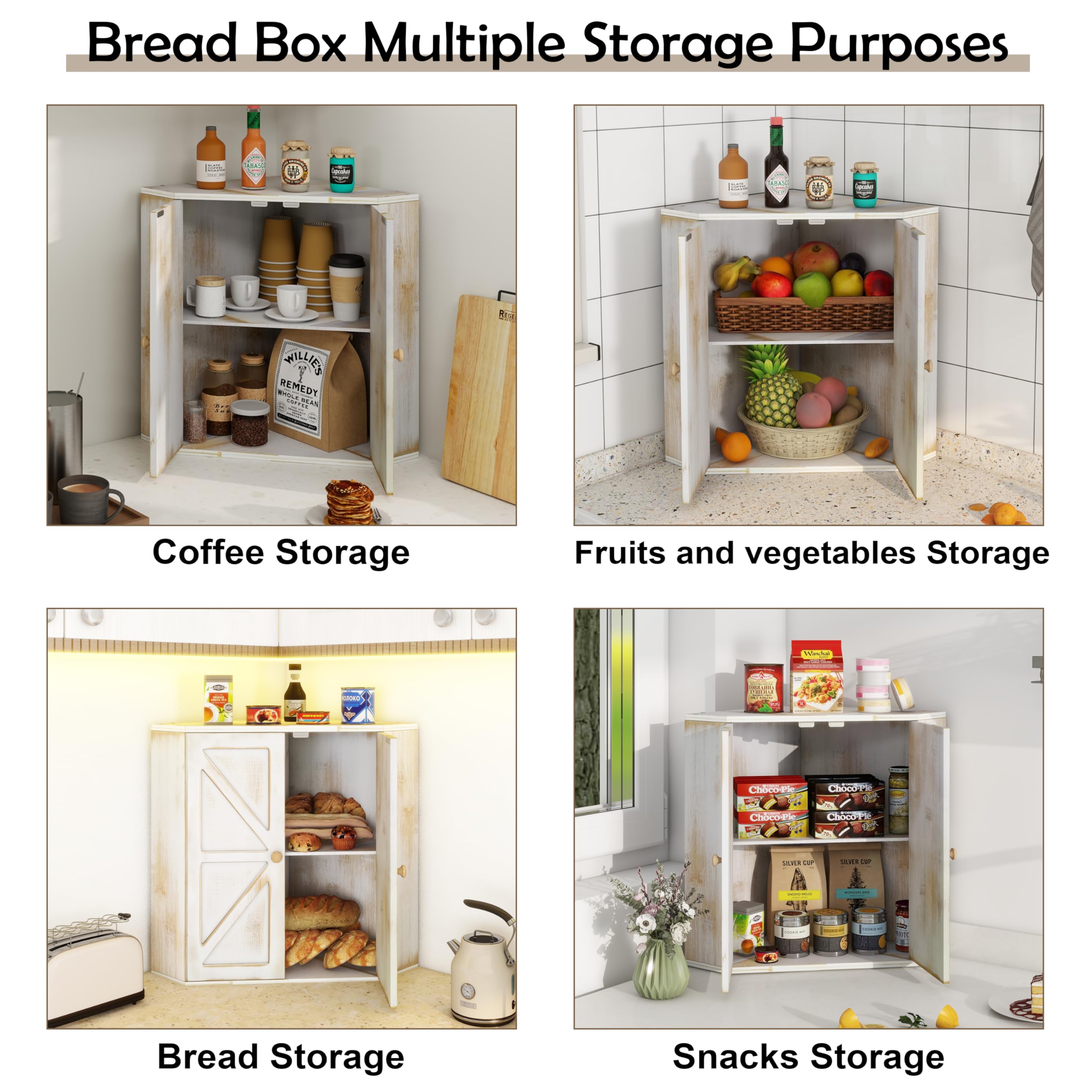 Trironsun Corner Bread Box for Kitchen Counter Double Layer Bamboo Bread Storage Container Large Capacity Bread Storage Bin Farmhouse Breadbox Organizer (Antique Black)