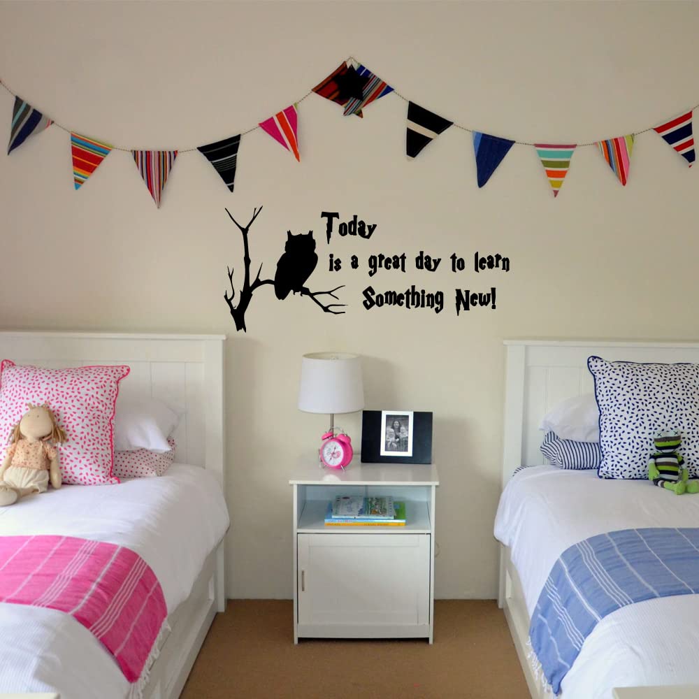 Today is a Great Day to Learn Something New Owl on Tree - Carved Black Vinyl Wall Decal Magic Halloween Fonts Art Letters for Kids Room Decor Non-Printed Sticker Without Edges