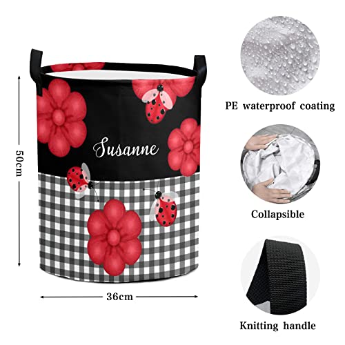 Red Flower Ladybird Checker Personalized Laundry Basket ,Custom Foldable Storage Bins Laundry Hamper for Nursery Pet Toys Clothes