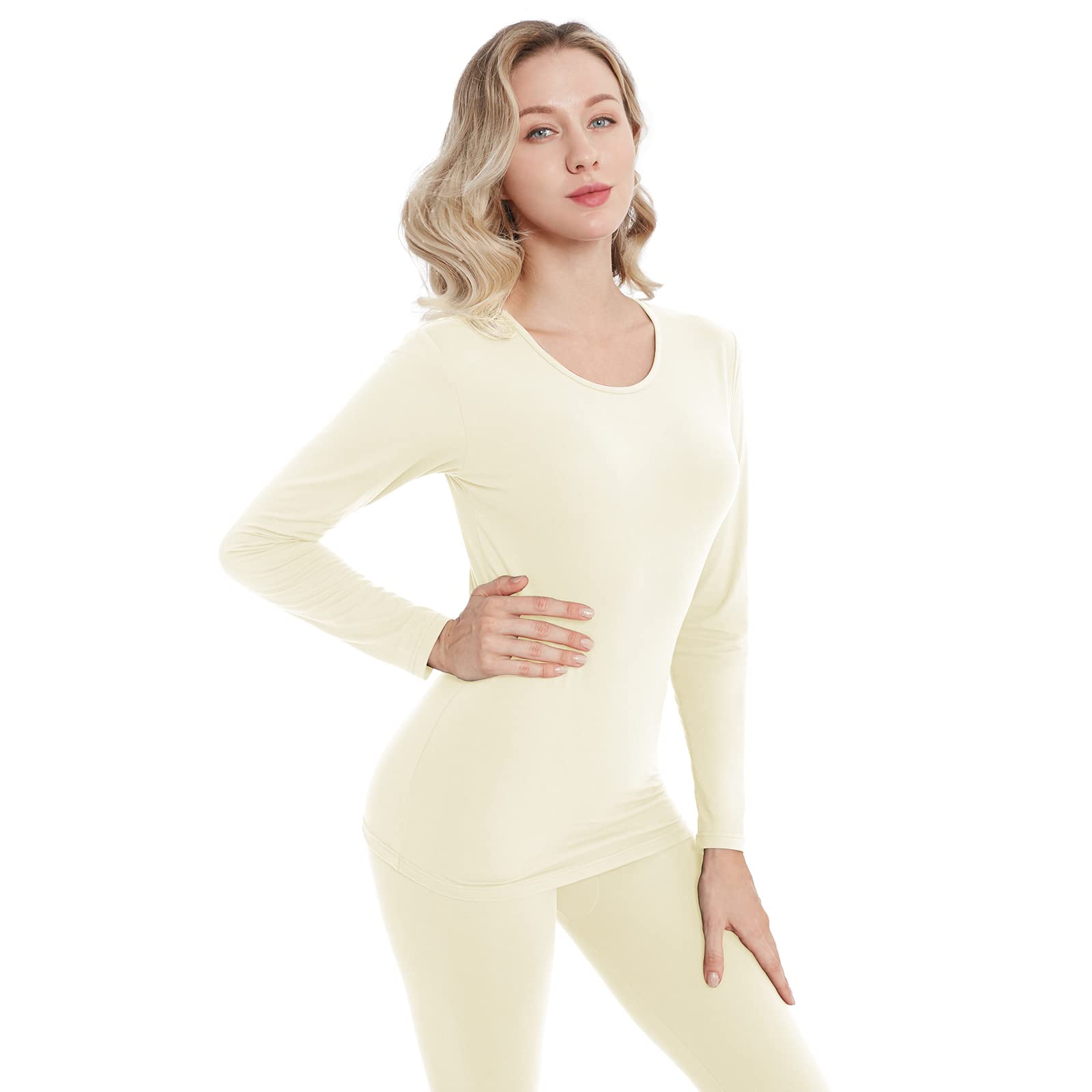 qingduomao Women's Thermal Underwear Set Ultra-Soft Top & Bottom Ski Base Layer Lightweight Long Johns, White XL