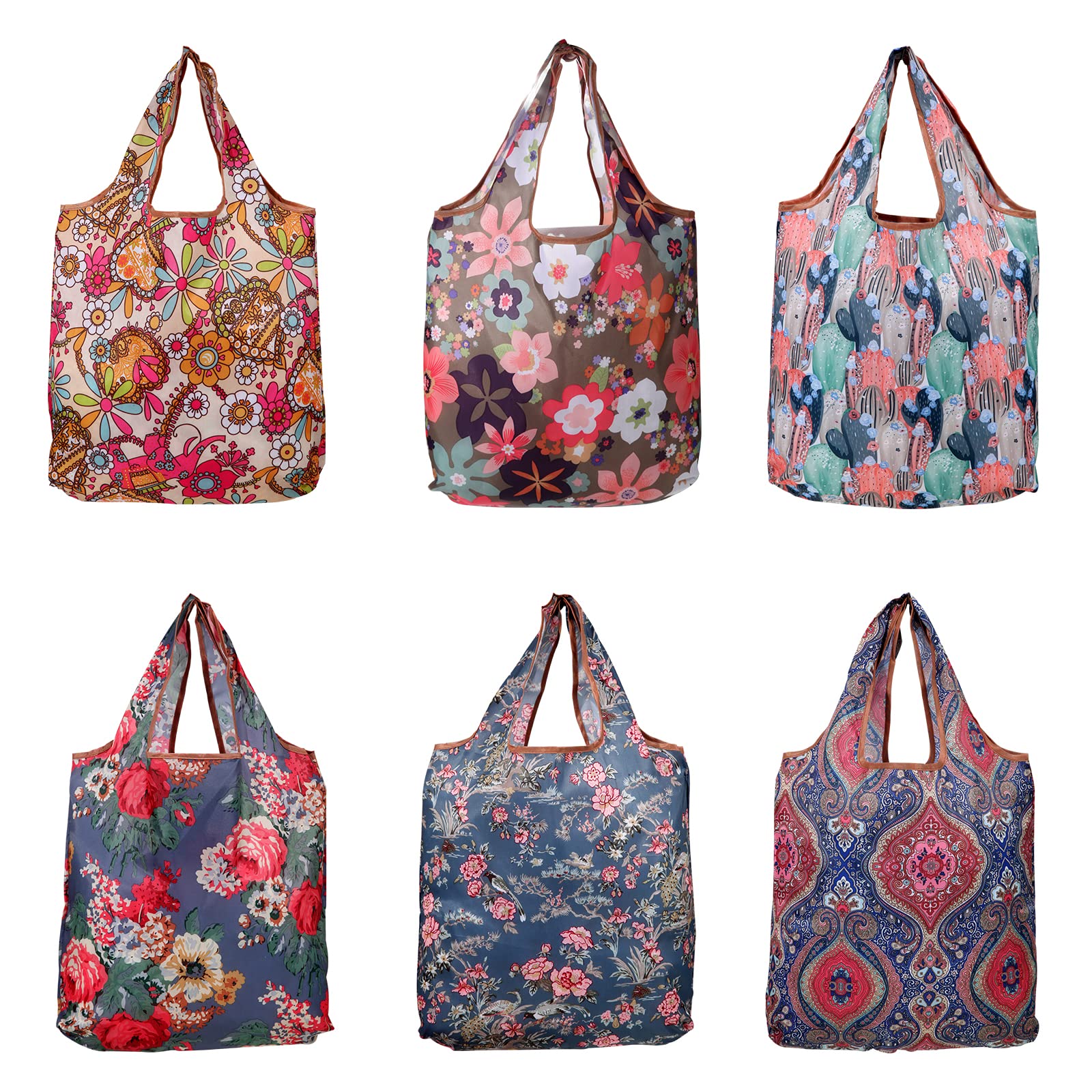Oudduo Floral Washable Bag for Grocery 6 Pack Foldable Grocery Bag Polyester Shopping Tote Heavy Duty Durable