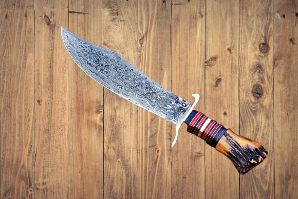 PSK166 - Custom Handmade Damascus Steel Bowie Hunting Knife Stag Horn Handle with Sheath