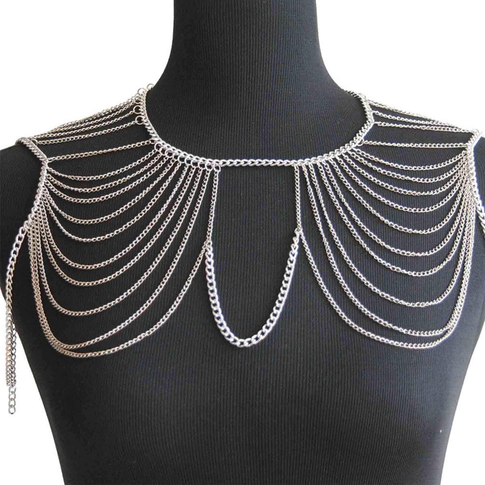 Olbye Shoulder Chain Layering Tassels Link Harness Necklace Silver Shoulder Harness Chain Wrap Summer Beach Sexy Body Jewelry for Women