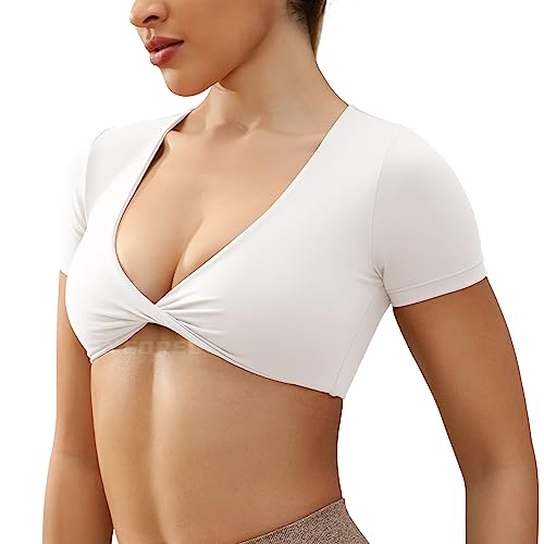 YEOREO Kyla Workout Crop Tops for Women Short Sleeve Twist Front Crop Tank Top Padded Sports Bra Casual Shirts Milk White M