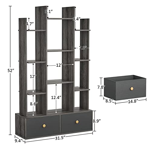 Unikito Book Shelf with 2 Drawers Free Standing Bookcase, Office Storage Shelf Organizer with 12 Open Bookshelf, Industrial Wood Book Case Display Rack for Bedroom, Living Room Home Office, Gray Oak