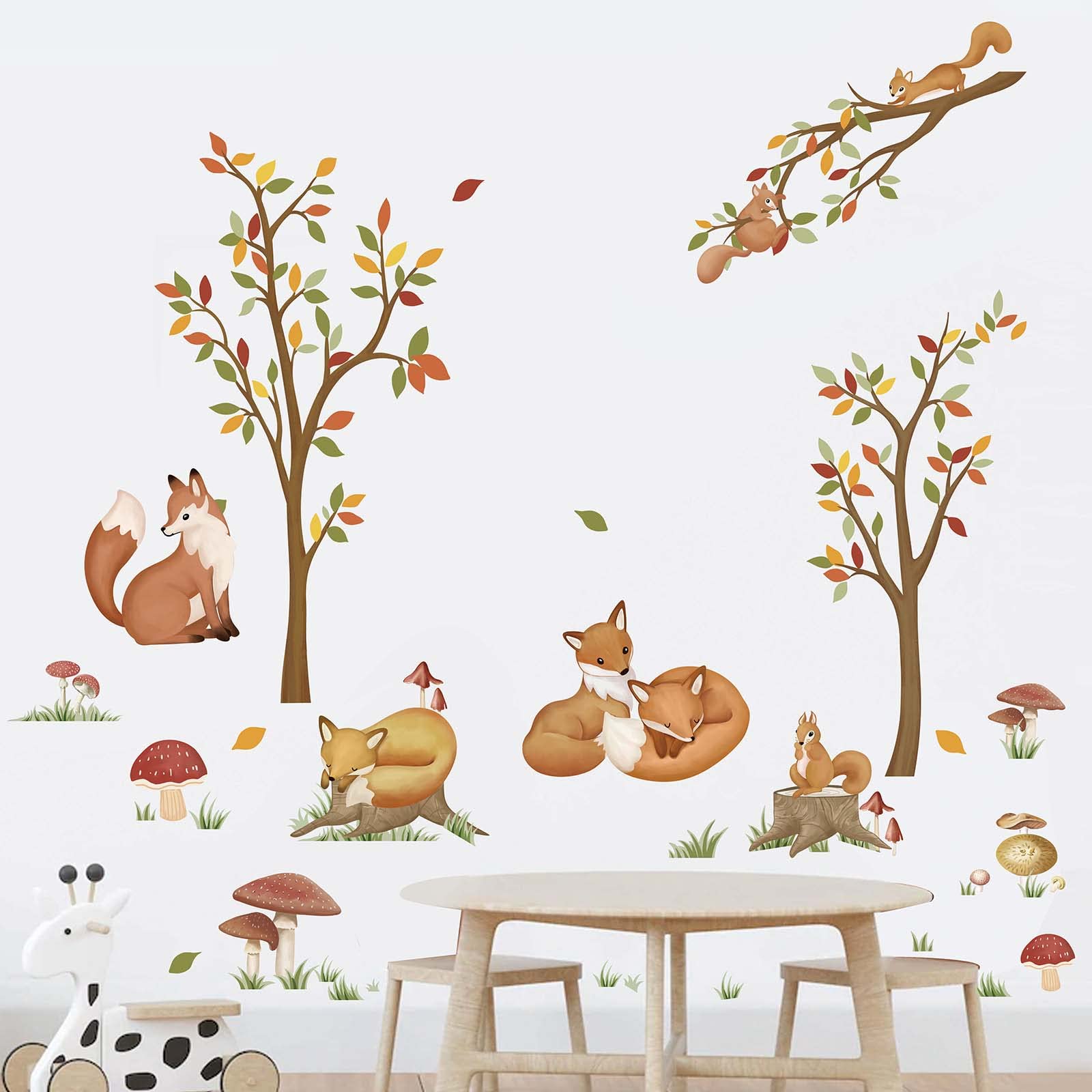 wondever Woodland Animals Foxes Wall Stickers Fall Tree Peel and Stick Wall Art Decals for Baby Nursery Kids Bedroom