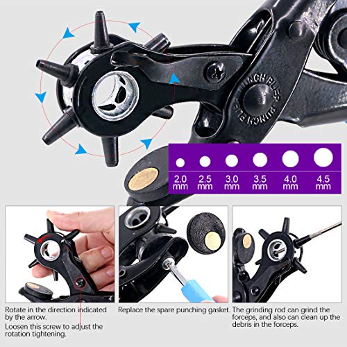 Swpeet 8Pcs Leather Hole Punch Plier with Grommet Eyelets Kit, Professional Puncher Including Punch Plier Screwdriver, Scissors, Rule, Awl Tool and Grinding Rod Multi Sized Puncher for Belts, Crafts