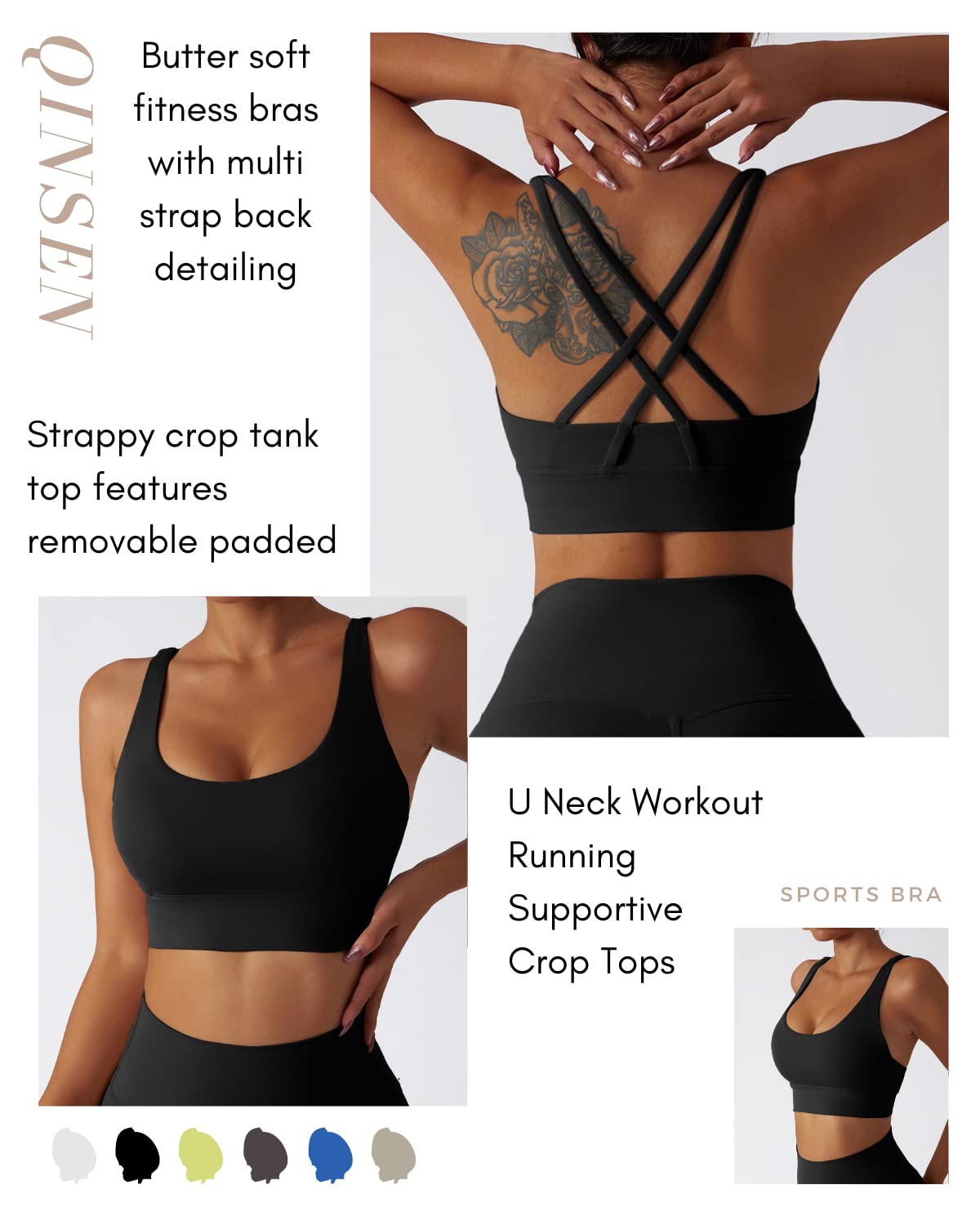 QINSEN Black Sports Bra for Women U Neck Workout Running Supportive Strappy Crop Tops L