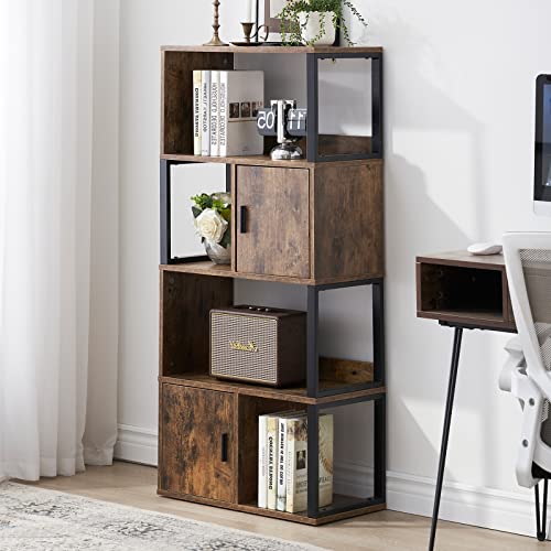 UnaFurni Bookshelf, 5 Tier Narrow Bookshelf with Storage Cabinet, Rustic Wood Bookcases and Book Shelves 5 Shelf for Living Room/Home Office, Rustic Brown