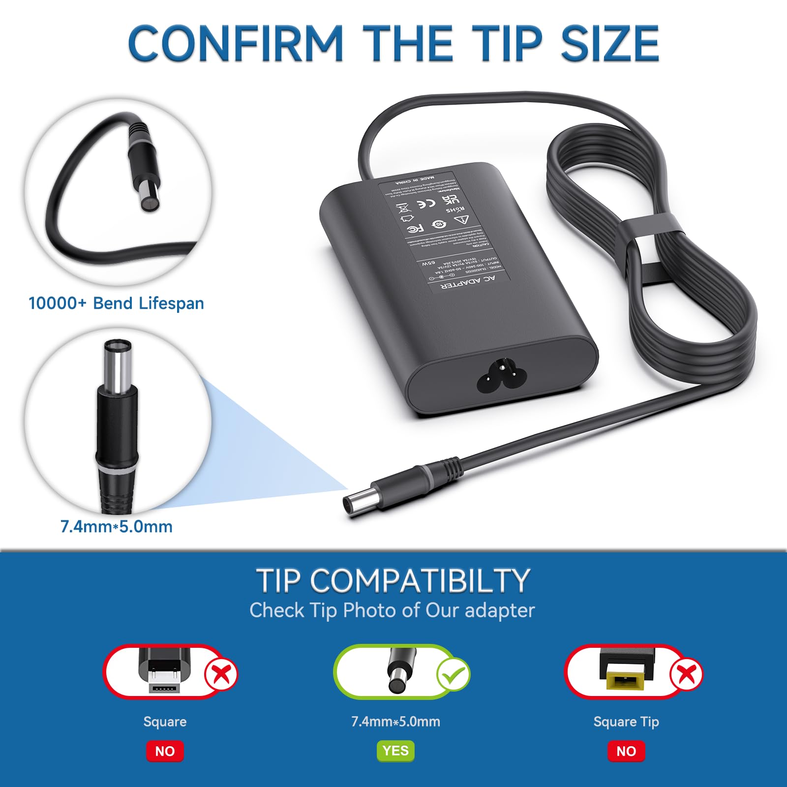 Laptop Charger 65W for Dell Latitude 7490 7400 7480 5400 5490 5500 5590 5480 5580 3310 7290 5290 E5470 E5440 E5570 E7250 E7450 E6540 E7440 E6440 E6430 Power Cord Supply Computer Ac Adapter Replacement