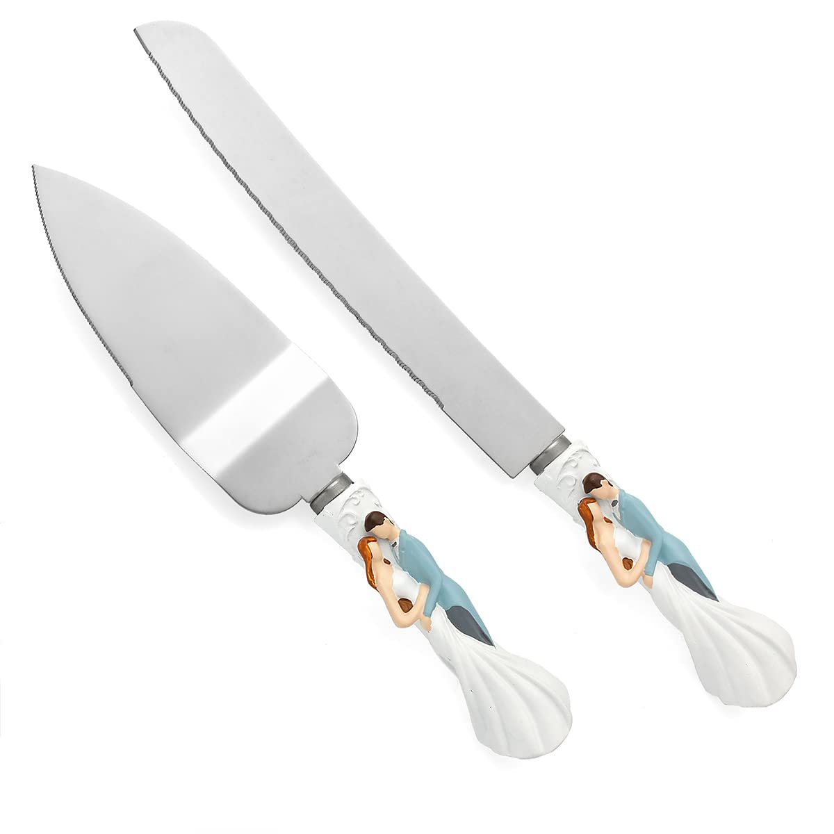 OnePlace Gifts Bride and Groom Wedding Cake Knife and Server Set Bridal Keepsakes White and Light Blue 12.5inch