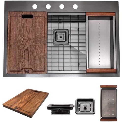 Strictly Sinks 33” Topmount Kitchen Workstation Sink-Gunmetal Black Single Bowl 16 Gauge Stainless Steel Drop In Sink, Acrylic Cutting Board,Cutting Board with Strainer Bowl & Bottom Protector Grid