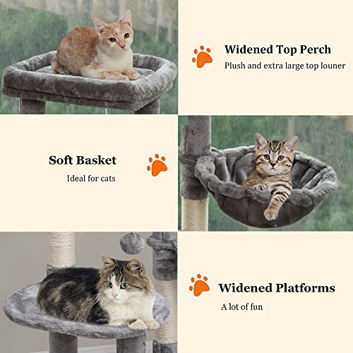 SYANDLVY Small Cat Tree for Indoor Cats, Modern Cat Tower with Scratching Post for Kittens, Climbing Stand with Basket & Hanging Ball for Play Rest