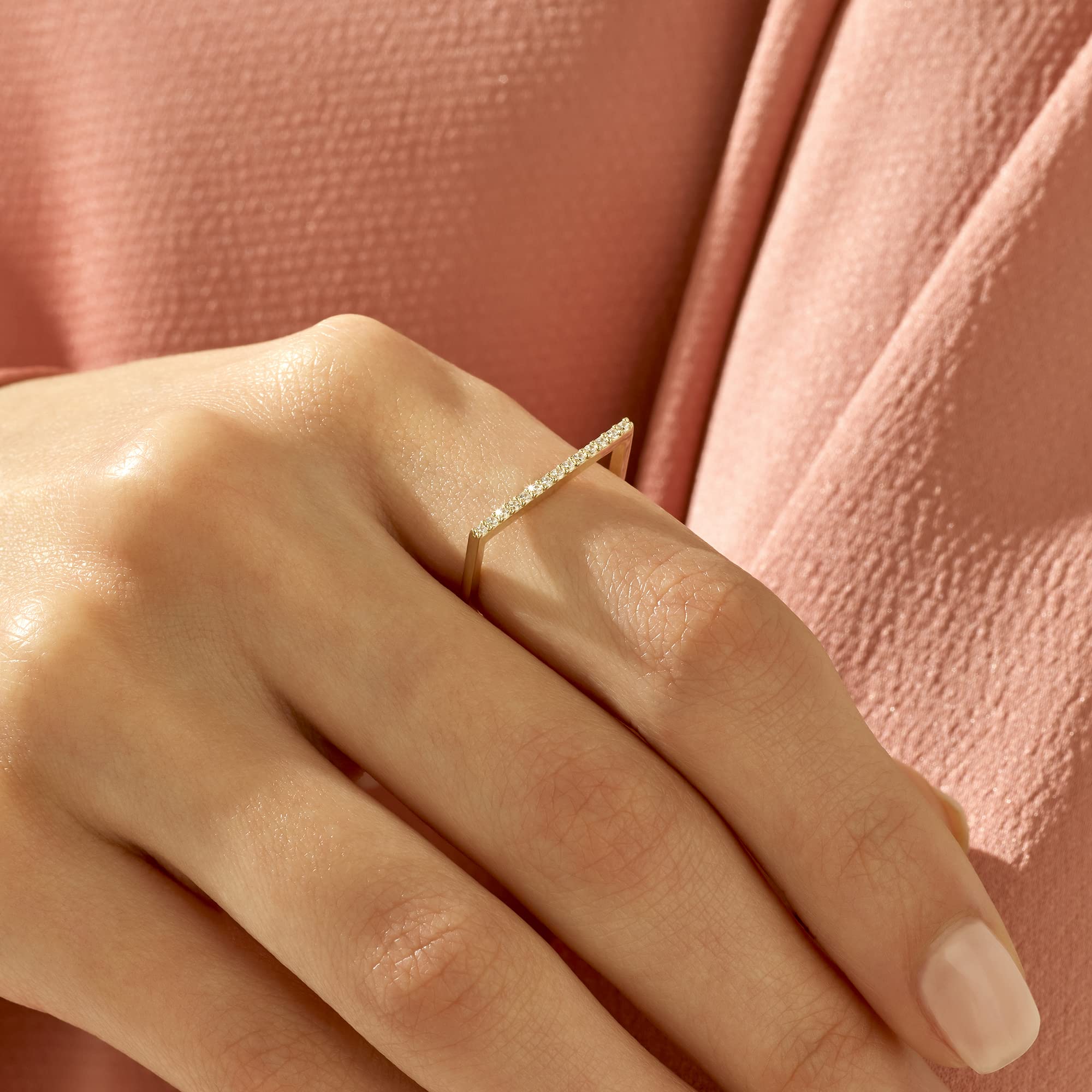 Norm Jewels 14k Gold D Shaped Bar Ring Solid Gold Pinky Rings for Women Real Gold Cubic Zirconia Ring Dainty Gold Stackable Rings (Yellow Gold, 8)