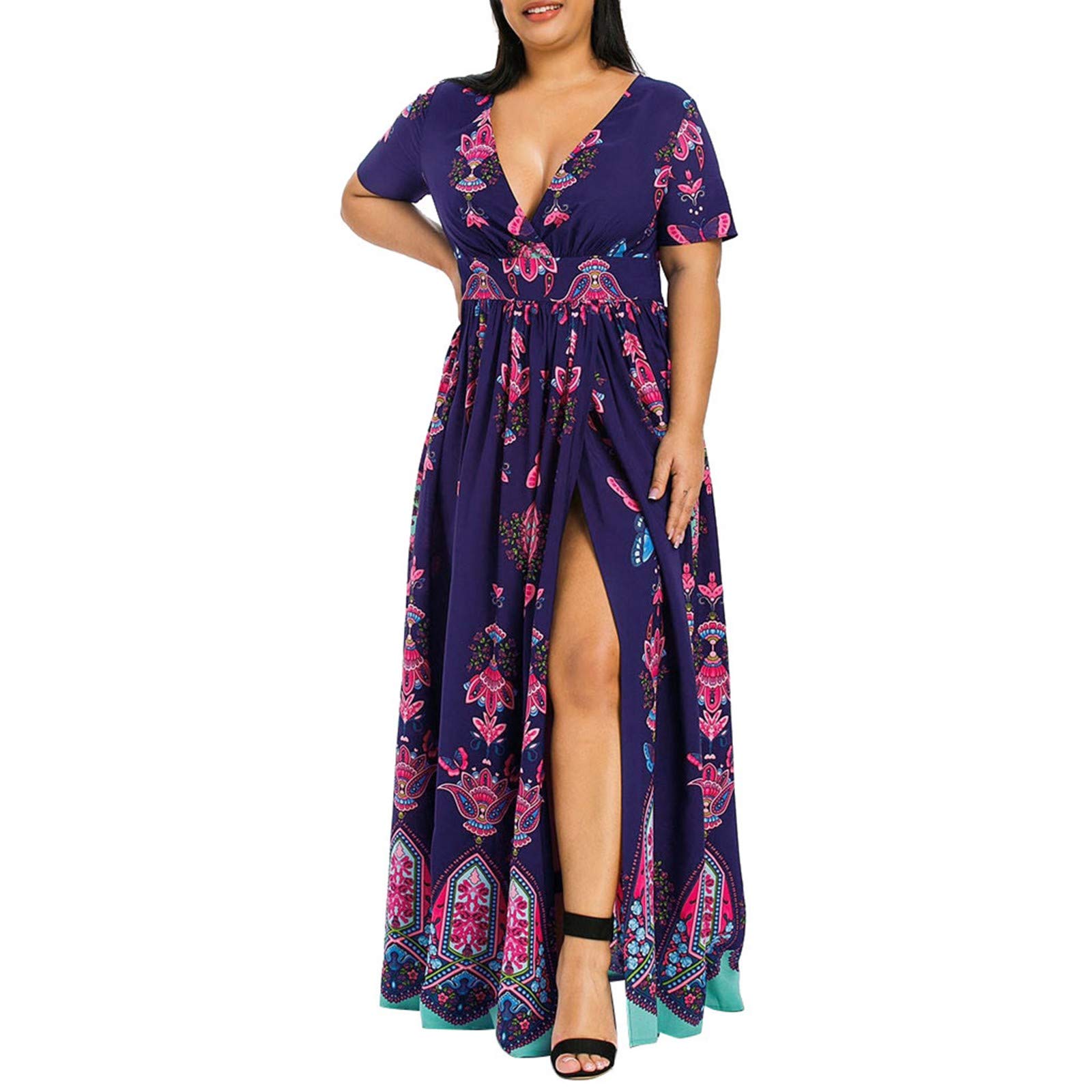 Plus Size Flowy Long Dress for Women Plunging V Neck Short Sleeve Swing Dress Butterfly Printed Split Dress