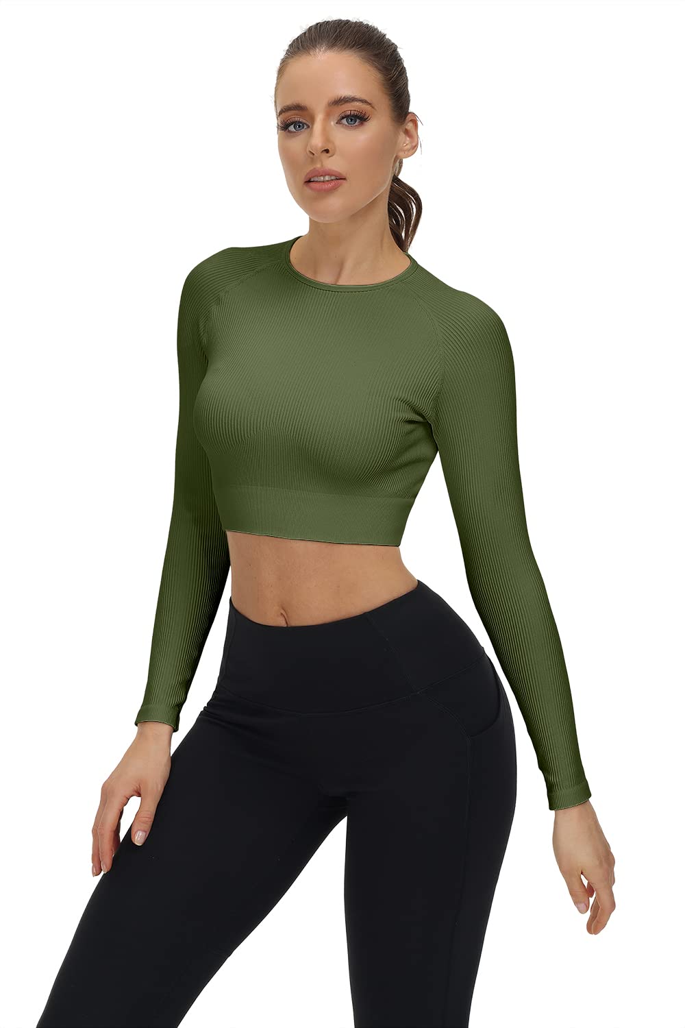 QINSEN Womens Stretch Exercise Training Tops Ribbed Long Sleeve Crewneck Workout Sport Shirts Olive Green M