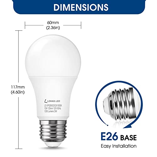 LOHAS Dimmable A19 LED Light Bulb, 12W LED Bulbs Daylight White 5000K, 75WEquivalent, 1200LM Edison Bulb, E26 Standard Base LED Bulb, UL Listed, 2 Pack
