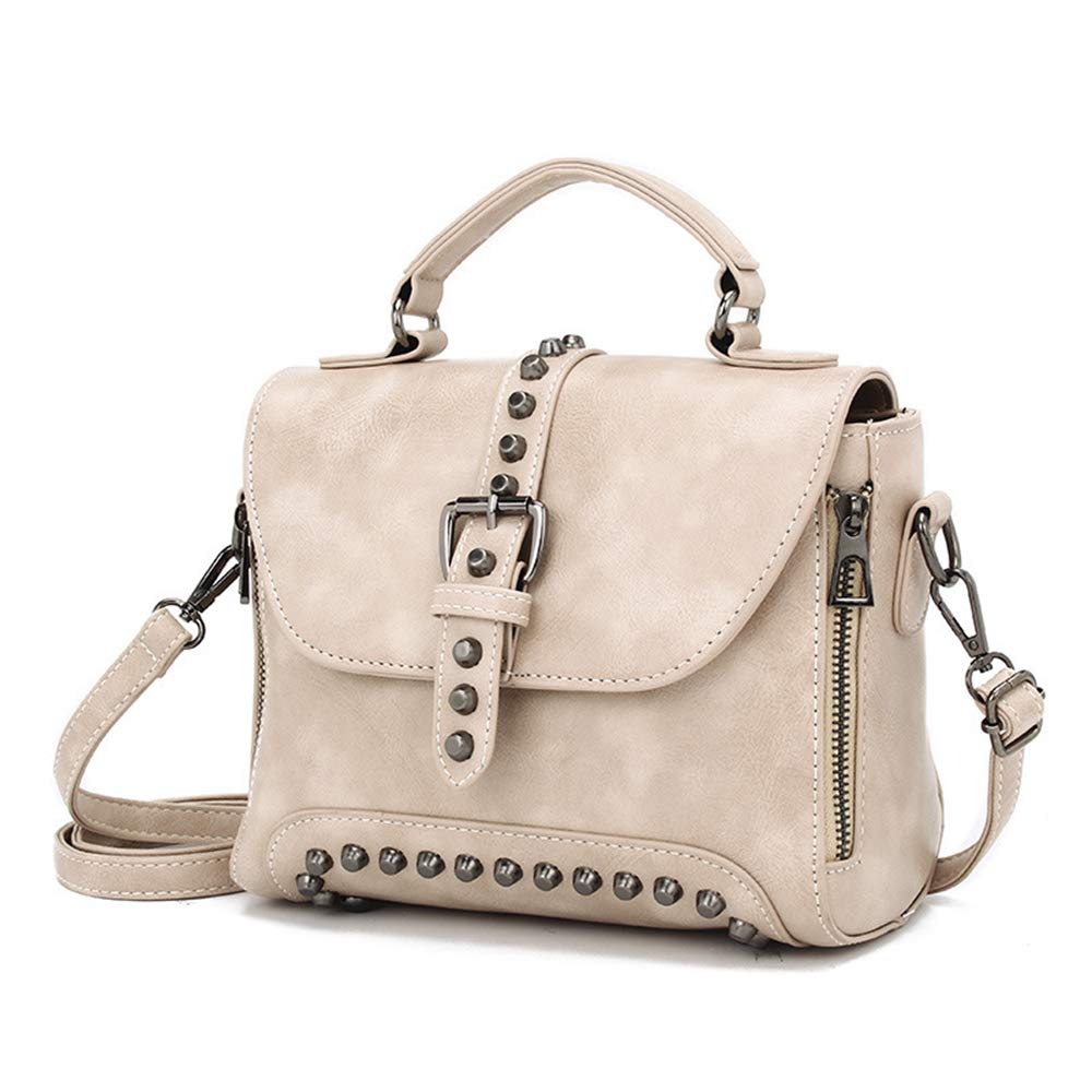 Mn&Sue Women Gothic Rivet Studded Crossbody Bag Vintage Pu Leather Top Handle Satchel Shoulder Messenger Purse for Lady (#1 Beige White)