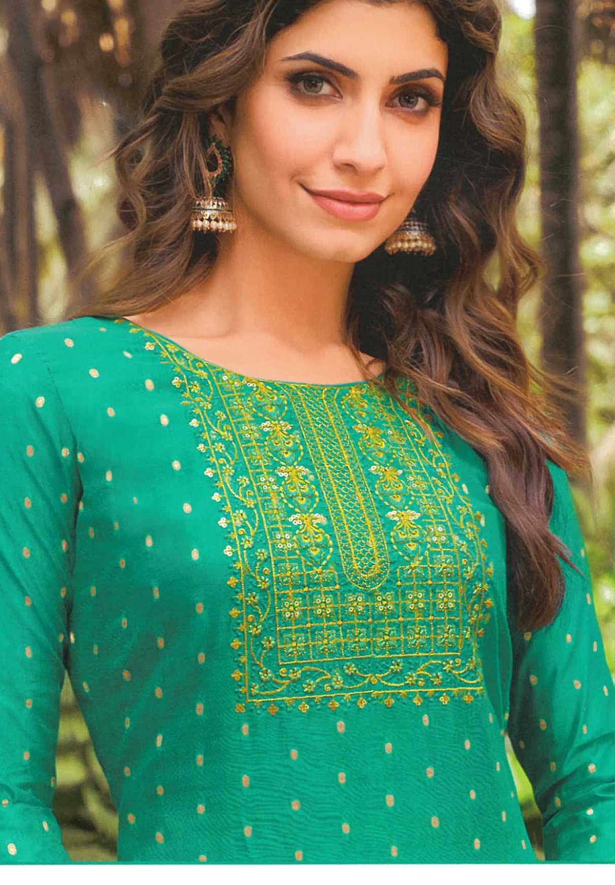 ladyline Jacquard Silk Embroidered Kurti for Women Tunic Top Indian Kurta Dress (Plus-1X/Sea Green/50)