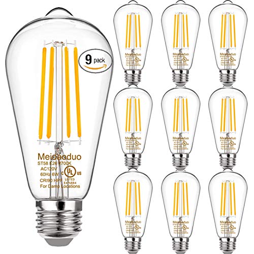 MEIDAODUO Vintage LED Edison Bulbs ST58 60W Equivalent, 6W High Brightness Vintage LED Bulb Clear Glass E26 ST19 2700K Soft Warm White Light Bulb Antique for Bathroom, Pack of 9