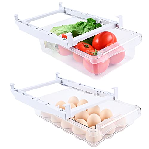 VVLIAM 2 PACK Refrigerator Organizer Bins fridge drawer organizer with Handle, Egg Holder For Refrigerator and fruit containers for fridge pull out cabinet organizer Fit for Fridge Shelf Under 0.6"