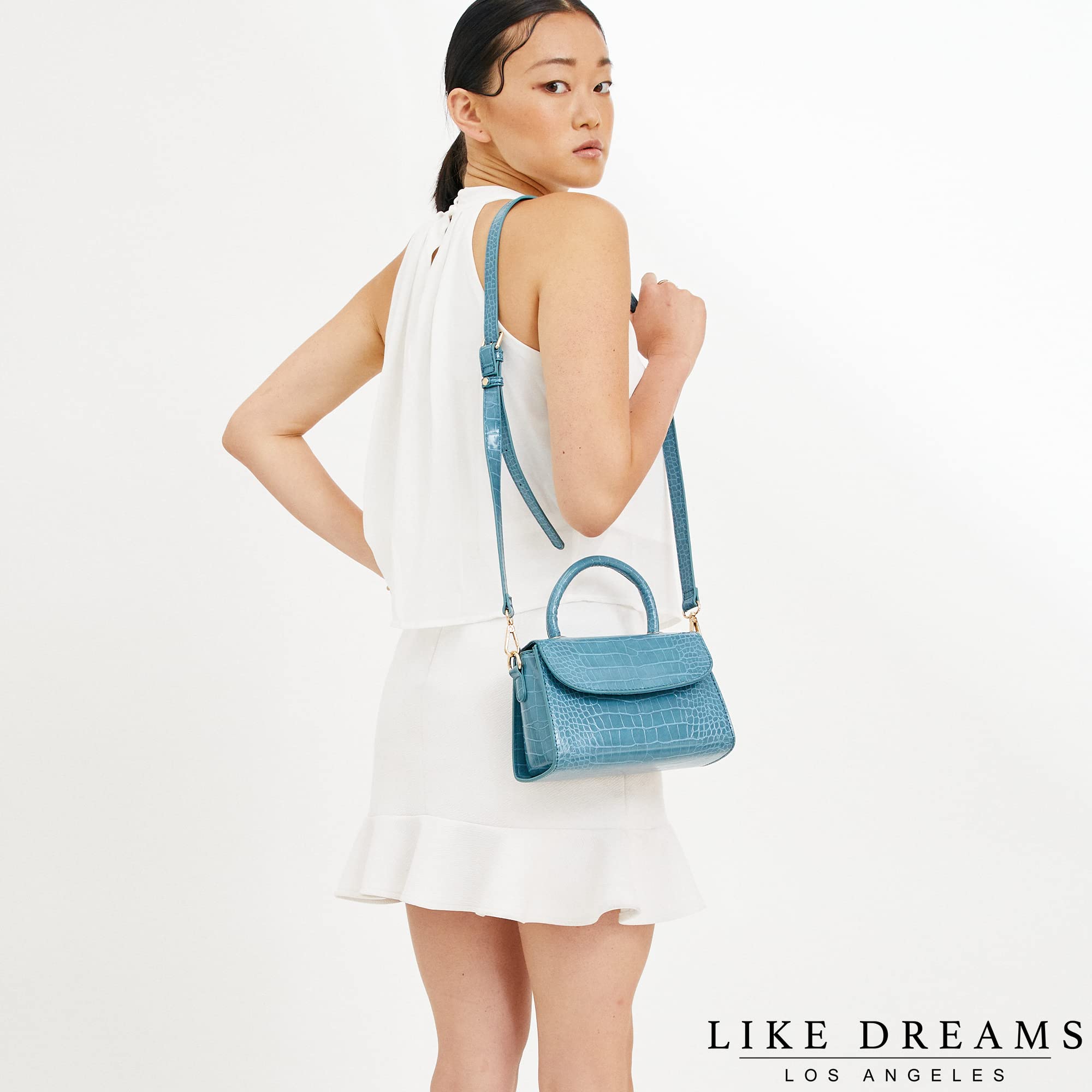 Like Dreams Women's Small Fashion Faux Embossed Vegan Leather Top Handle Satchel Handbag (Teal)