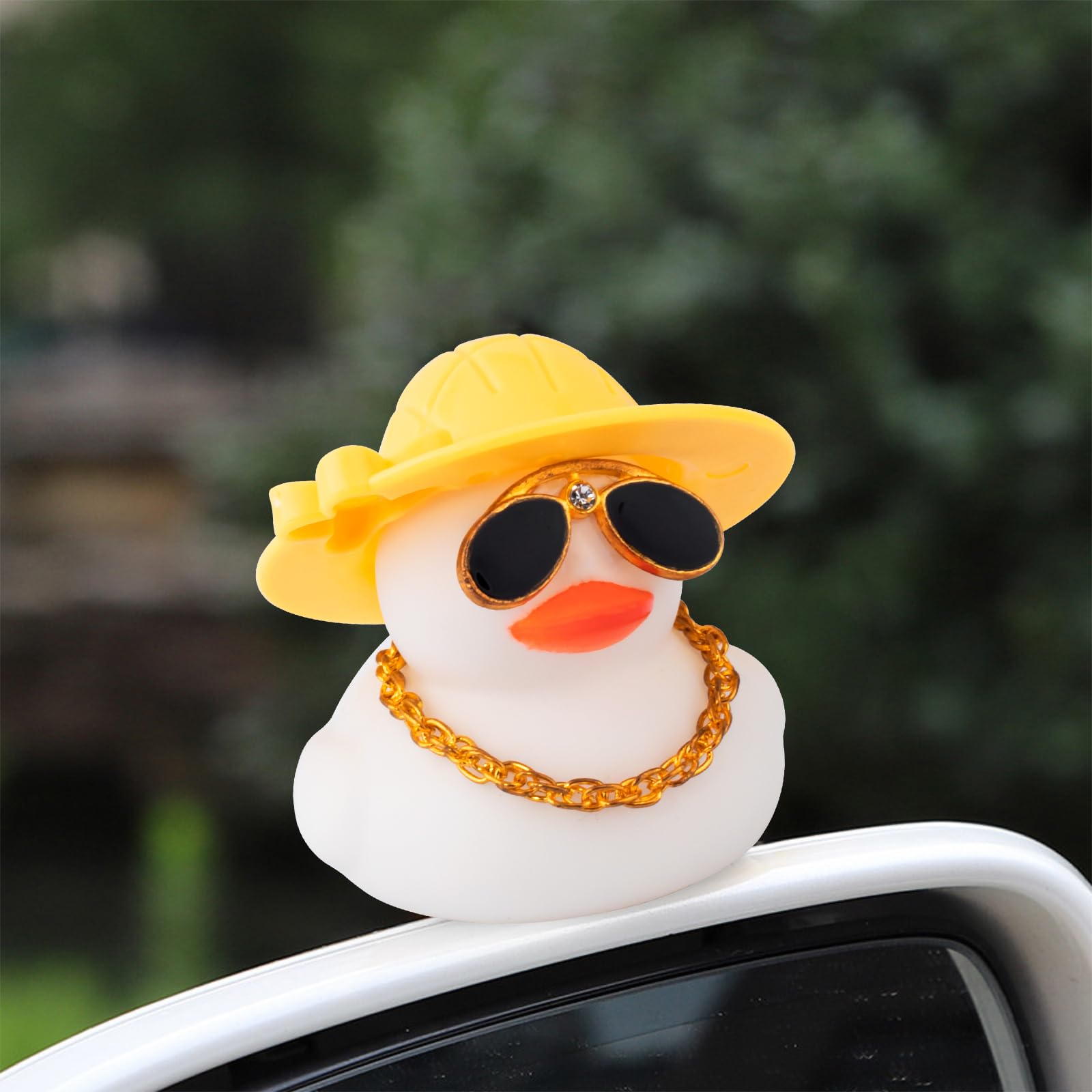 wonuu Diamond Glasses White Ducks Swim Ring Rubber Ducks with Mini Hat Necklace for Cars Dashboard Decorations Car Ornaments Duck Car Accessories