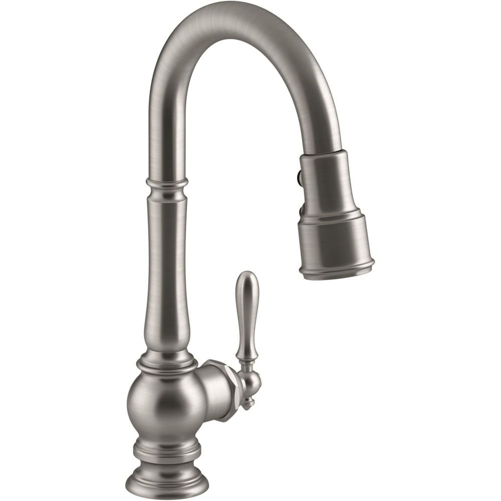 KOHLER Artifacts® Pull Down kitchen sink faucet with Single Hole Install and lever handle, DockNetik(R) magnetic docking, and 3-function sprayhead featuring Sweep(R) and BerrySoft(R) spray, K-99261-VS