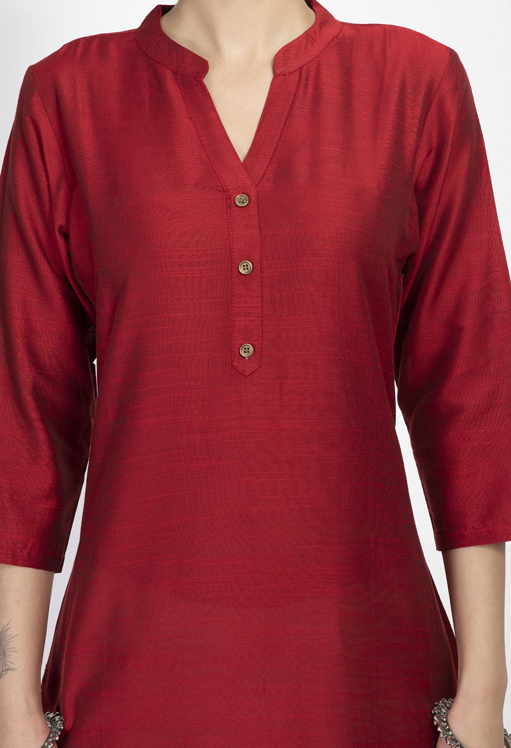 Lagi Women Solid Straight Poly Silk Kurta With Mandarin collar, Maroon (Medium)