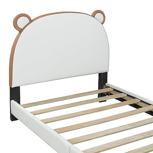 YSWH Twin Size Upholstered Bear Shaped Platform Bed, Wood Platform Bed Frame with Bear Ears Headboard and Pocket on The Footboard, Kids Bedroom Furniture Fun Cute Bear Bed Cartoon Bed (White)