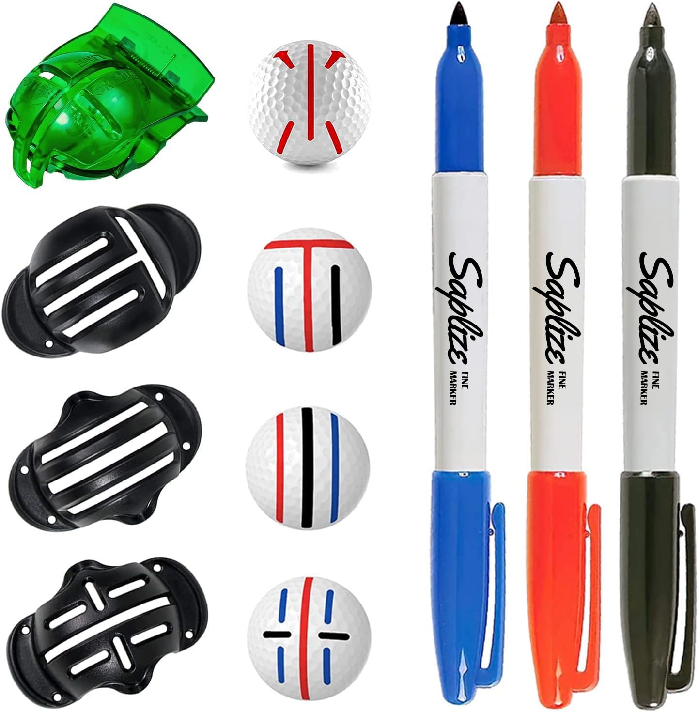 SAPLIZE Golf Ball Markers, 4 Golf Ball Marking Stencils and 3 Color Marker Pens, Golf Ball Line Marker Tool, Golf Ball Alignment and Identification Tool