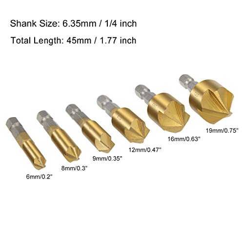uxcell Countersink Drill Bit Set 6mm 8mm 9mm 12mm 16mm 19mm Dia 1/4” Hex Shank 90 Degree 5 Flute Chamfer Tool for Woodworking Titanium Plating HSS 6pcs