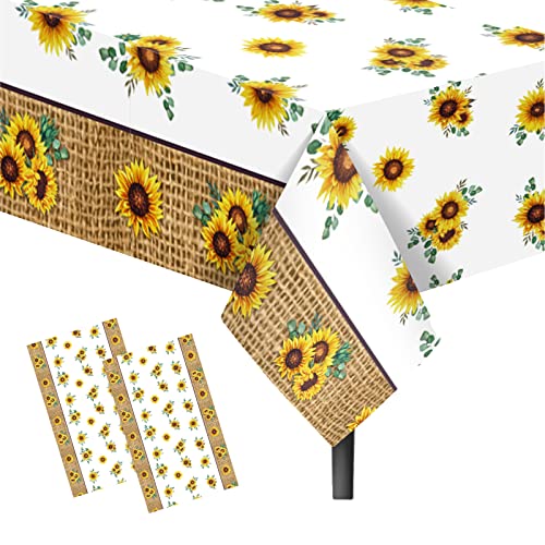 UOMNICUE Sunflower Party Tablecloth,2 PCS Plastic Sunflower Themed Yellow Floral Printed Table Cover Rectangular Table Cloth for Baby Shower Birthday Party Supplies Kitchen Dining Room Decoration