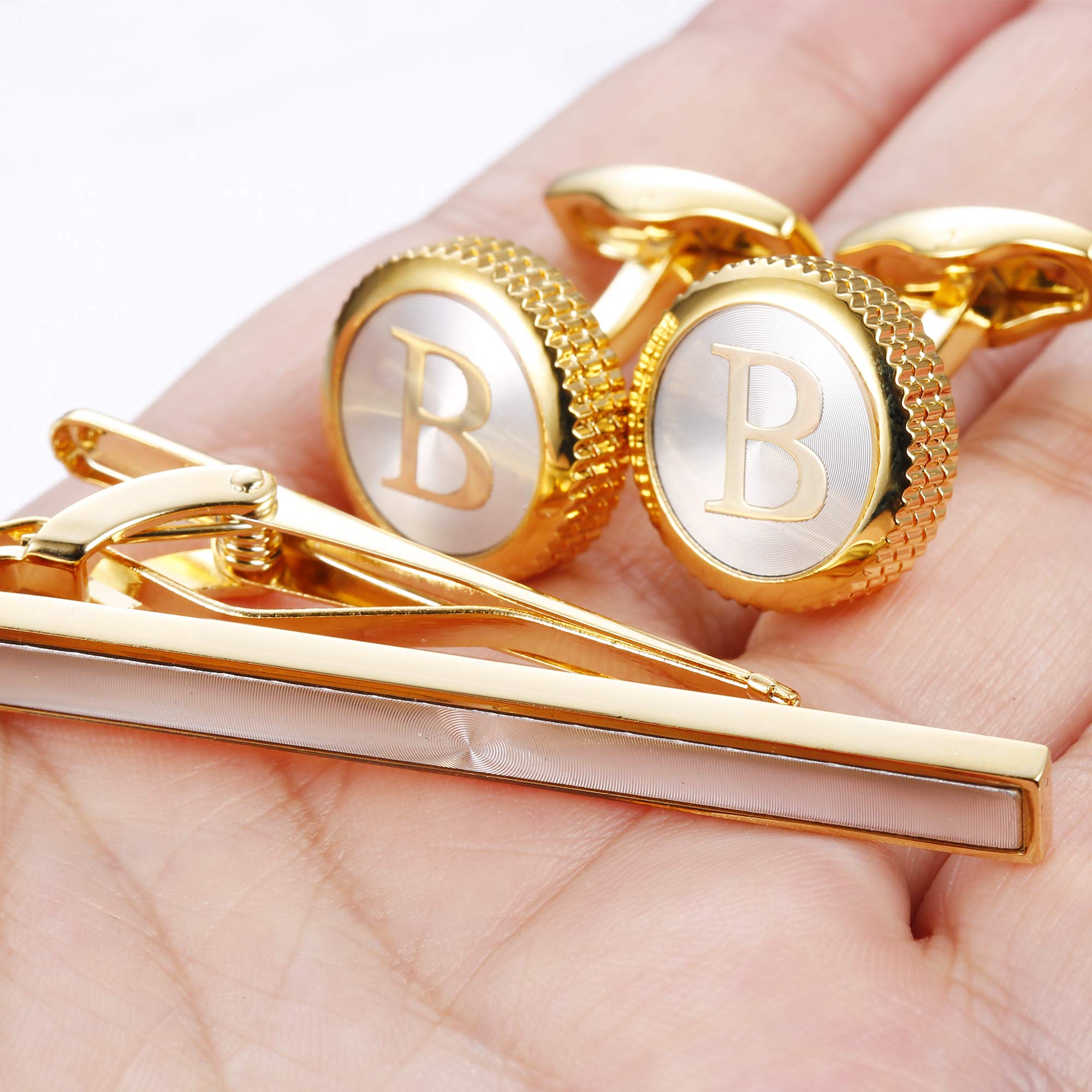 LOLIAS Mens Cufflinks Tie Bar Clip Set Alphabet Letter Cufflinks Formal Business Wedding Shirts Gift Box,B