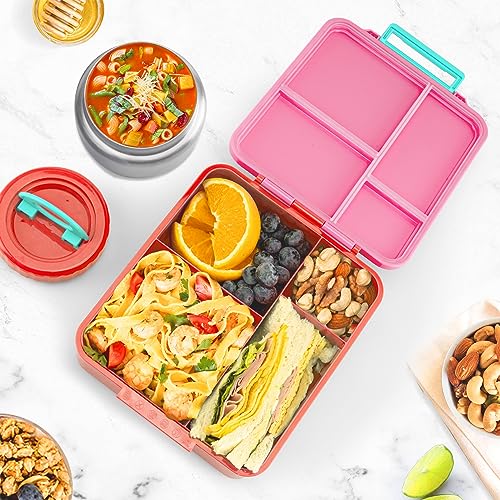 Kids' Bento Lunch Set Featuring a 8oz Soup Thermo, Leak-proof Containers with 4 Compartments, Thermo Food Jar, Ideal for School Lunches(Red)