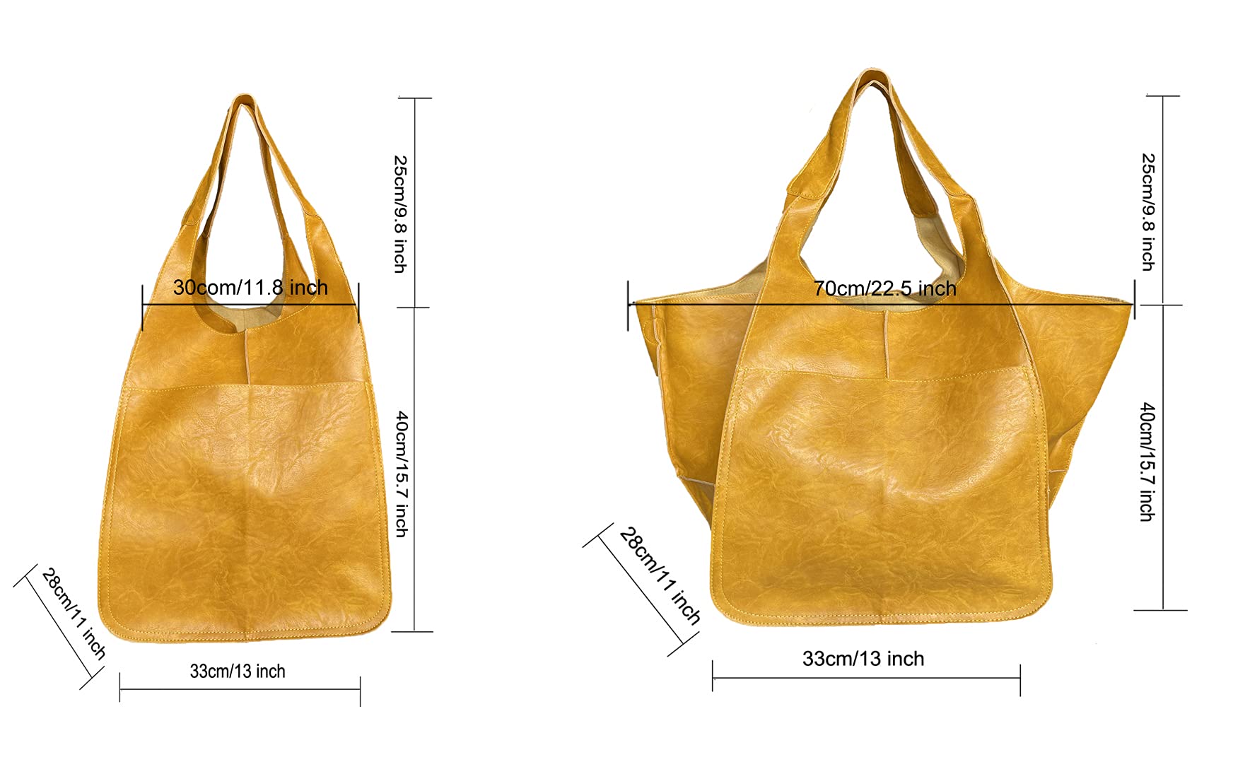 Oversized Soft Leather Shoulder Bag Foldable Hobo Bag Weekend Travel Tote (Yellow)