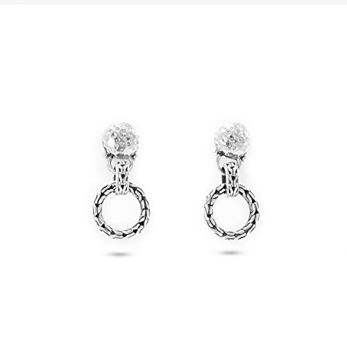 SARDA .925 Sterling Silver 1” Long Hammered and Chain Link Pattern Door Knocker Dangle Style Pushback Stud Earrings - Handmade by Bali Artisans