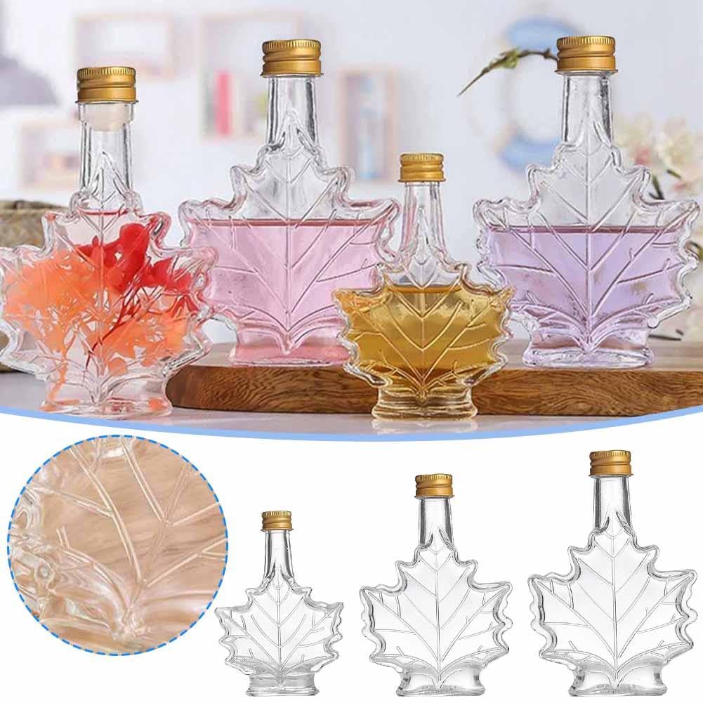ZHOSXRC Glass Maple Syrup Bottles Jars,Glass Syrup Dispenser Bottle,Reusable Leaf Shaped, Food Grade Canning Bottles,Empty Glass Syrup Bottles with Lids for Homemade Drinks (250ml)