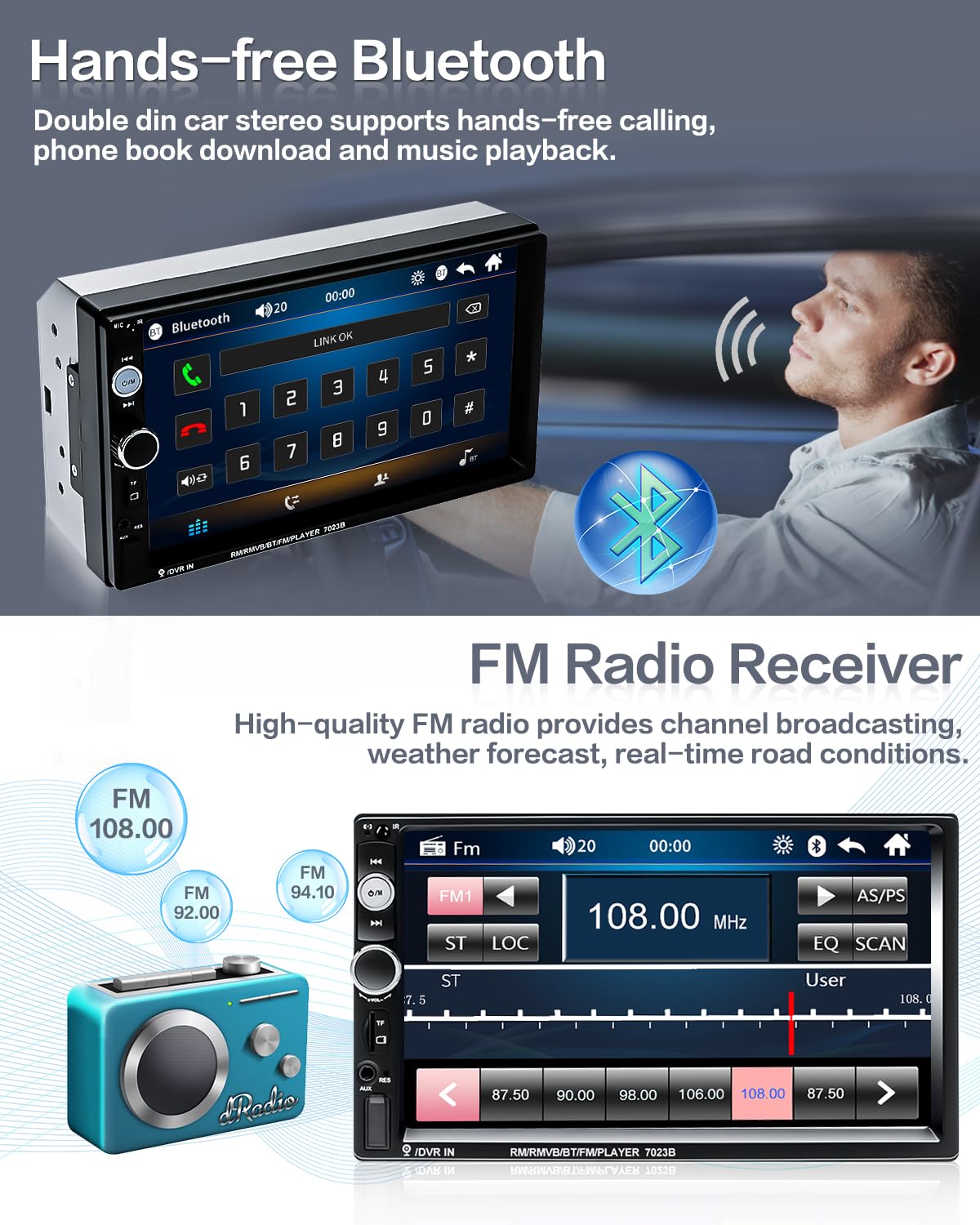 Inefala Car Stereo Double Din with Bluetooth, 7 Inch Touchscreen Car Radio with Backup Camera Support Mirror Link, FM Radio, USB/TF/AUX Input, Remote Control, Steering Wheel Remote