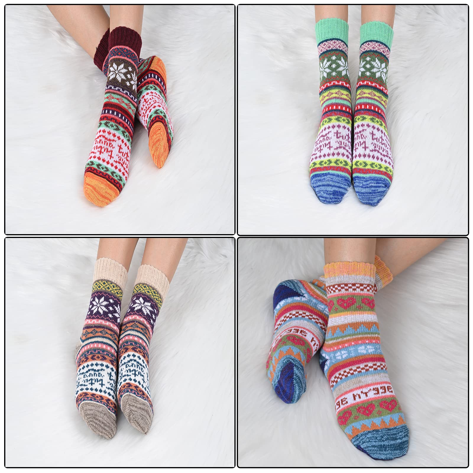 QIYISS 5 Pack Womens Wool Socks Winter - Soft Warm Cold Knit Wool Crew Socks Christmas Gift Socks for Women Vintage Casual Socks