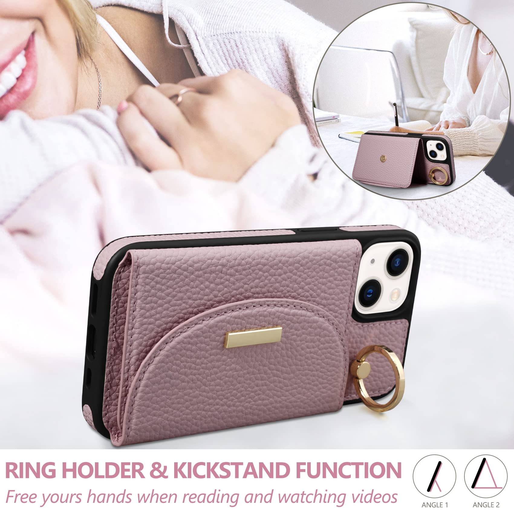 Keallce Case for iPhone 13 6.1'' Wallet Case, Flip Leather Case with 4 Card Holder, [Stand Ring Holder Kickstand] Protective Folio Phone Cover for Women Ladies Compatible with iPhone 13 2021 5G, Pink