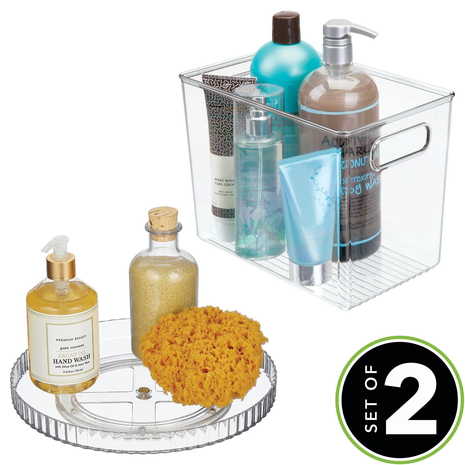 mDesign Plastic Deep Bathroom Bin with Handles and 11.5" Fluted Lazy Susan Turntable Plastic Spinner Combo Set for Organization in Bathroom, Closet, Cabinet, or Vanity Countertop - Set of 2 - Clear