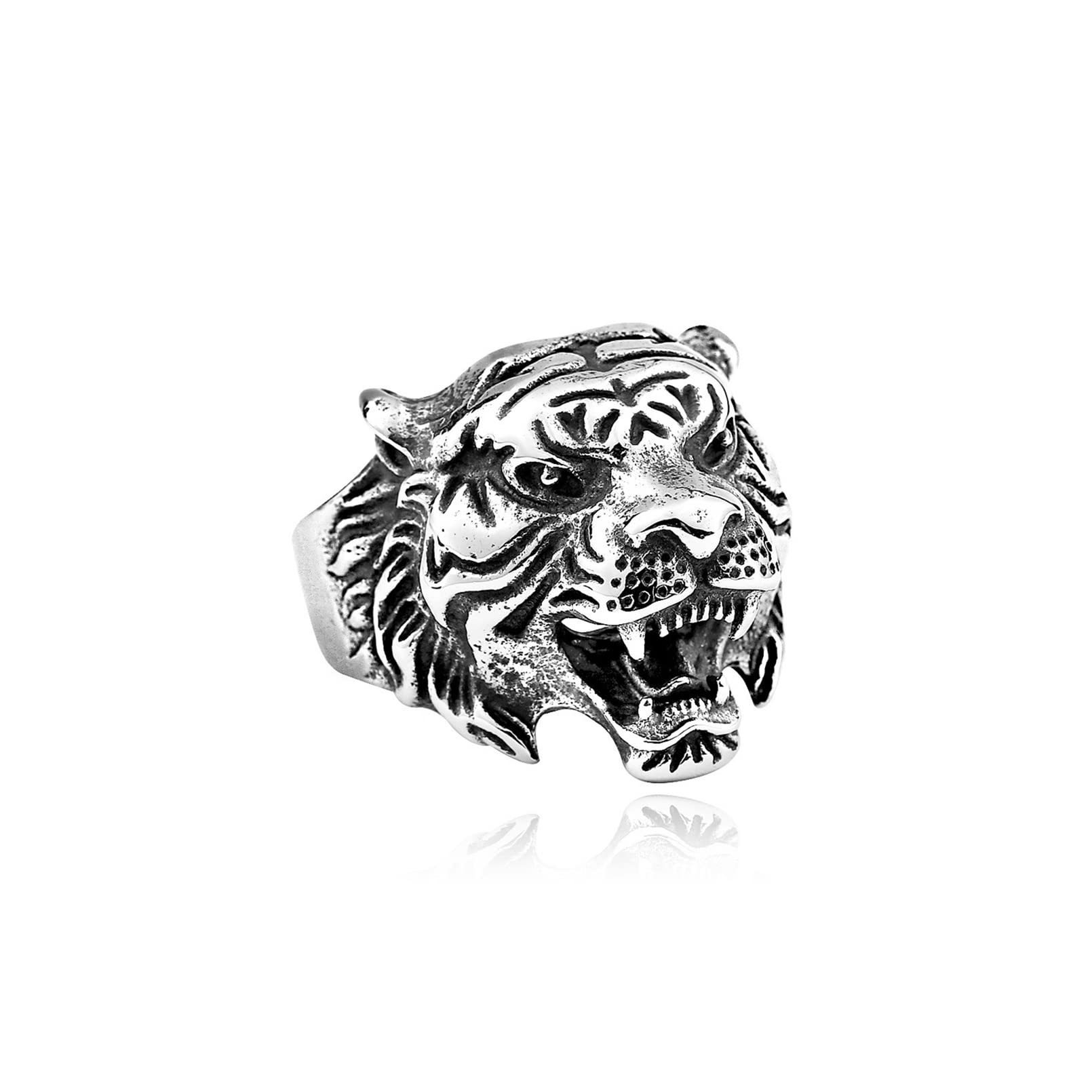 Nsitbbuery Hip Hop Jewelry Biker Ring Stainless Steel Tiger Head Band Ring(Steel(7))