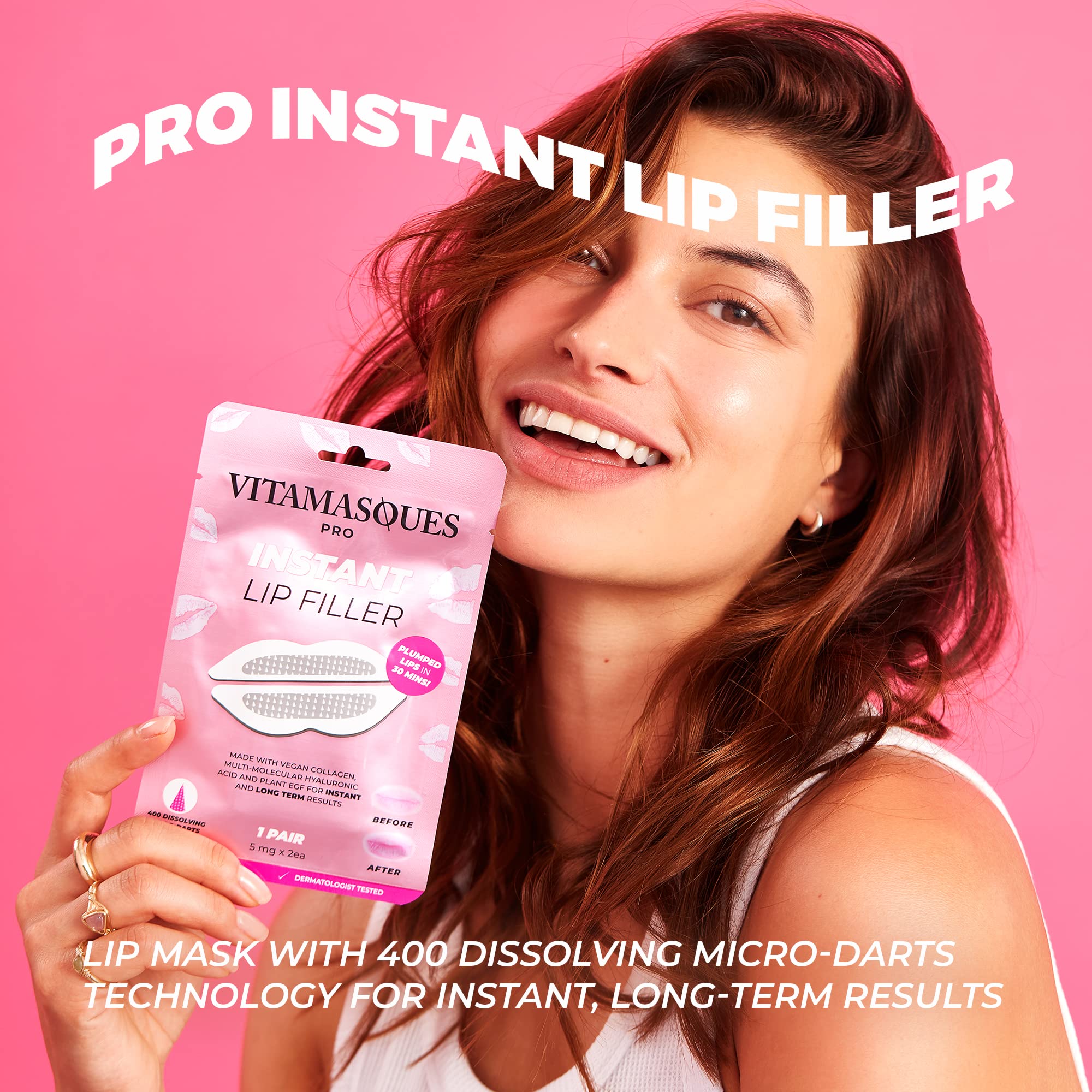 Vitamasques Instant Lip Filler for Plumped Lips in 30 Mins Vegan Collagen, Multi-Molecular Hyaluronic Acid & 400 Dissolving Micro-Dart Technology for Instant & Long-Lasting Results