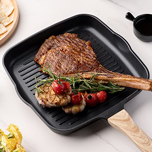 Sakuchi 11 Inch Grill Pan for Stove Tops Induction Compatible，Nonstick Square Griddle Pan for Grilling, Frying, Sauteing