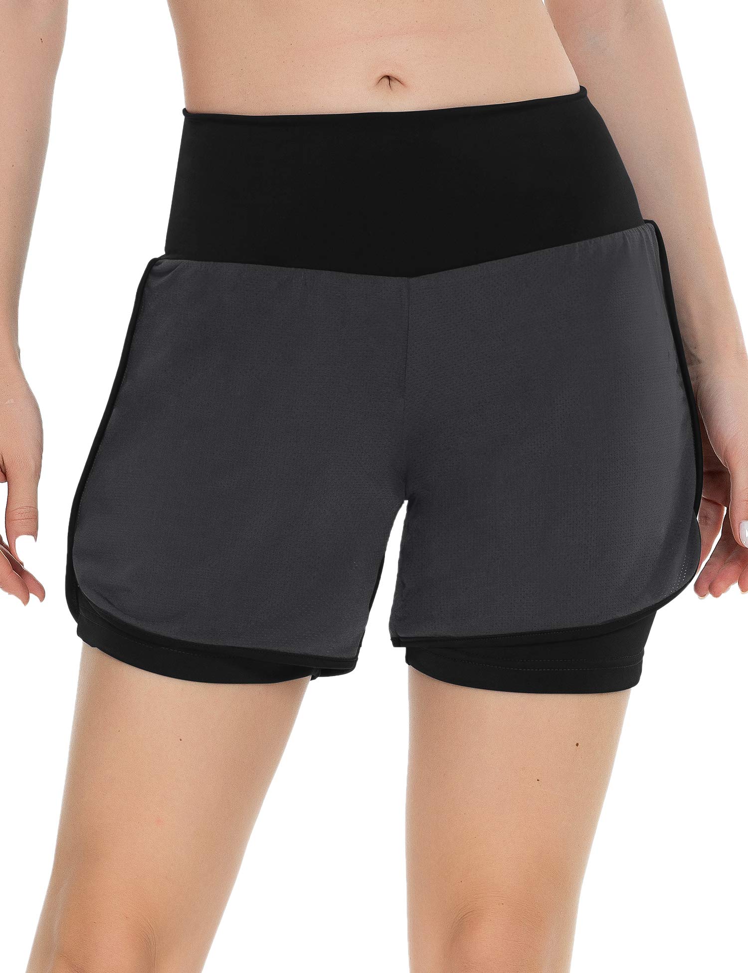 Loovoo Women's Sports Workout Shorts Double Layer Yoga Running Shorts 2 in 1 with Back Pocket Dark Grey M