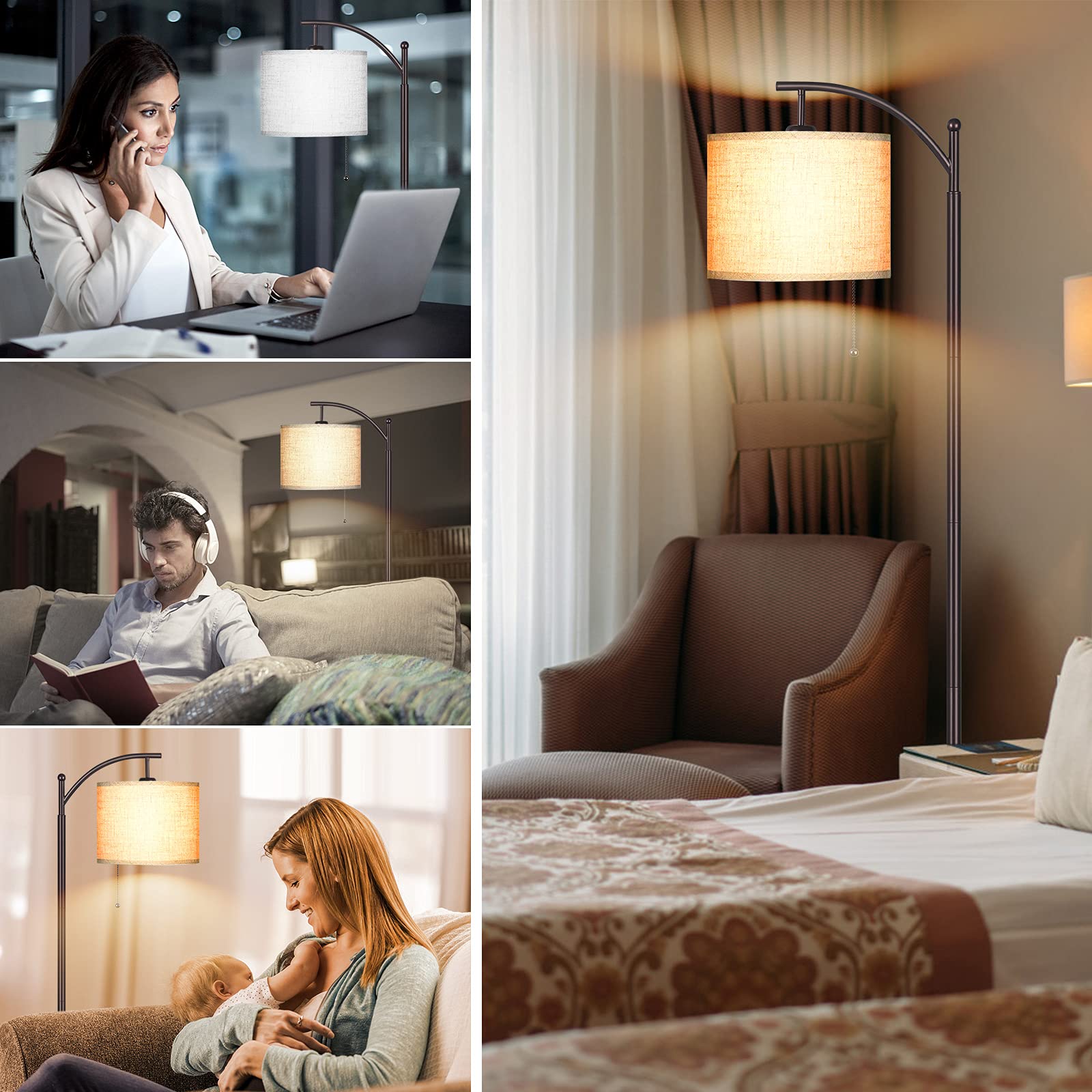 MOFFE Modern Arc Floor Lamp for Living Room, Bedroom, Office; Bright Lighting to Soft White Light - Includes 3-Mode Energy Saving LED Bulb 3000K - 6000K; Designer Shade and Pull Chain Switch, Brown