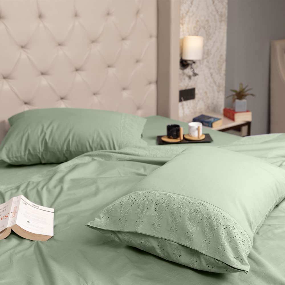 Linenscape Queen Sheet Set 100% Organic Cotton Lace, 4 Piece Bedding for Home and Hotel, GOTS Certified, 17 inches Deep Pocket, 300 Thread Count, Softer and Smoother, Percale Weave (Queen, Laurel)