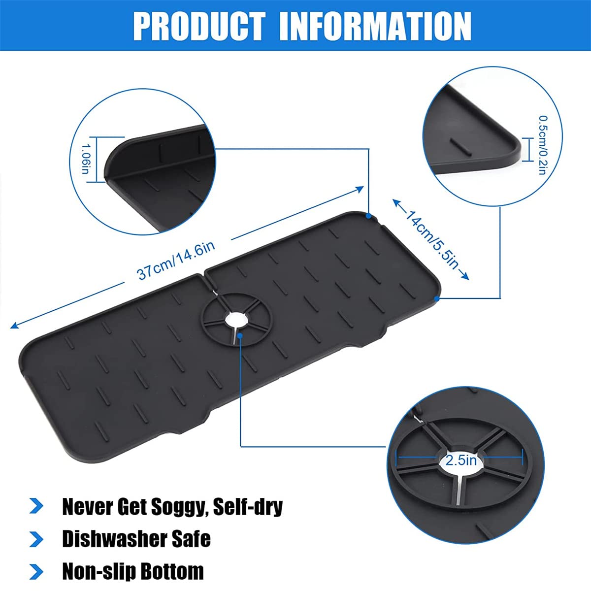 Kitchen Faucet Sink Splash Guard, Silicone Faucet Water Catcher Mat β Sink Draining Pad Behind Faucet, Rubber Drying Mat for Kitchen & Bathroom Countertop Protect(Black)
