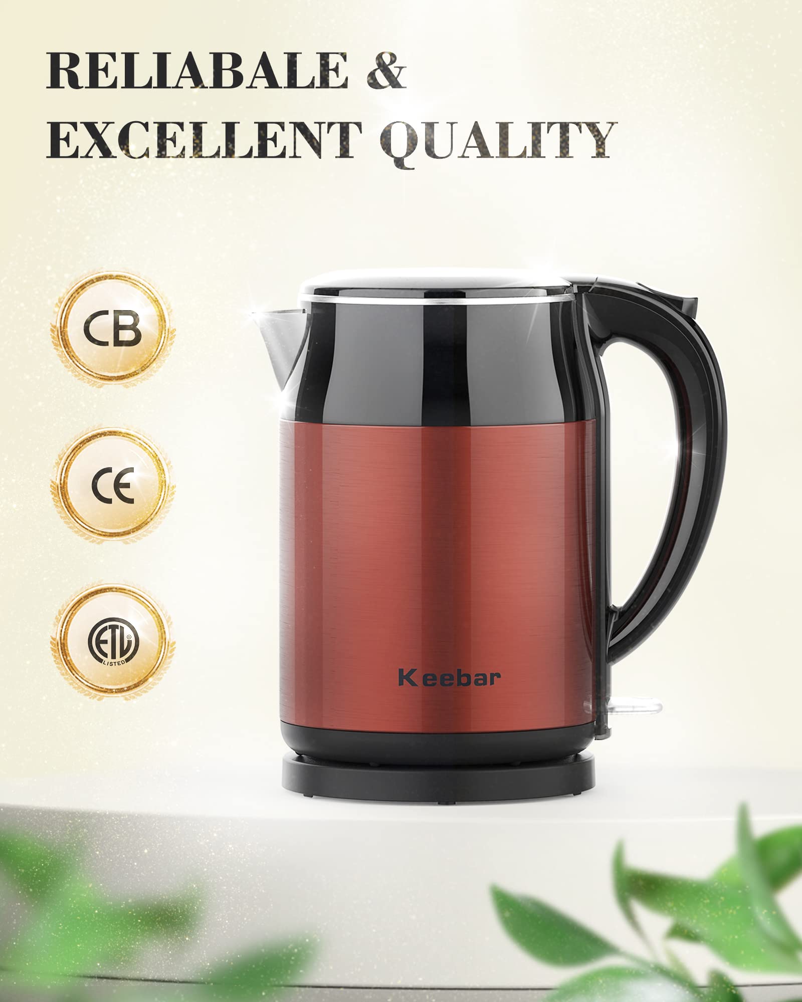 KEEBAR Electric Tea Kettle, Stainless Steel, 1.8L, Double Wall Cool Touch, 1500W Hot Water Boiler for Coffee & Tea, Auto Shut-Off & Boil Dry Protection